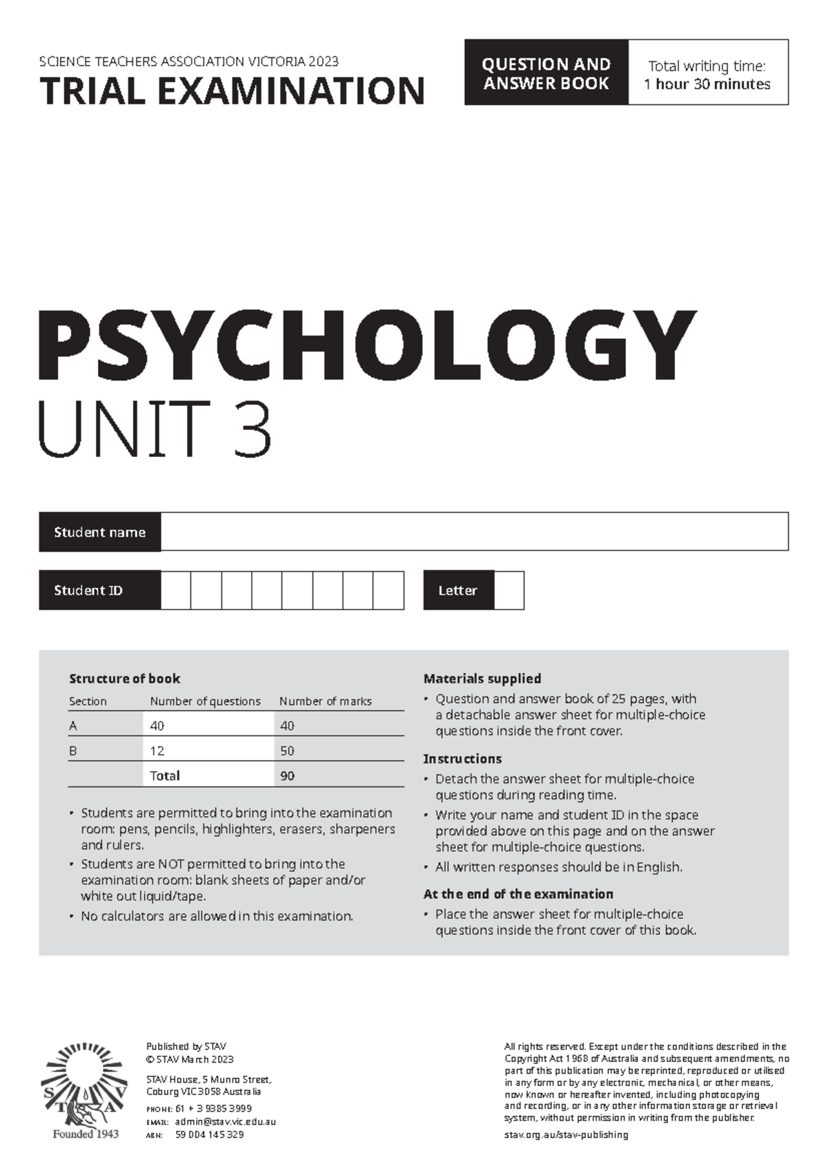 Unit 3 PSYCHOLOGY - Practice Exam and Trial Examination 2023 - Studocu
