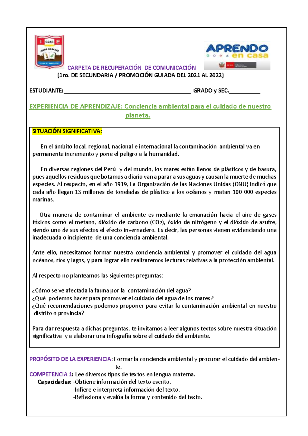 Carpeta de Recuperación: Comunicación 1ro Sec. A, B, C y D - 2021-2022 ...