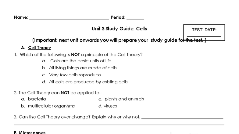 Unit 3 Study Guide: Cells & Functions for Biology (Important Info ...