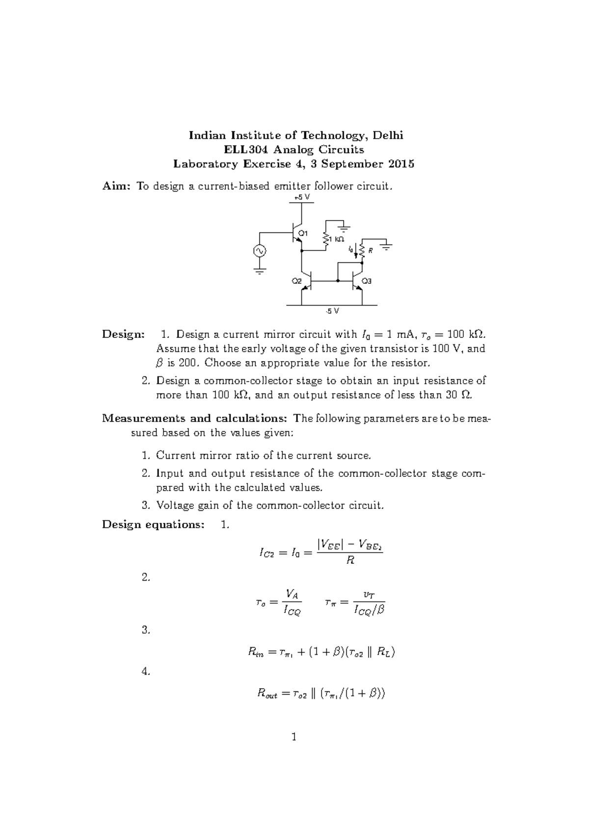 Lab 4 - Current-Biased Emitter Follower Design in ELL304 - Studocu