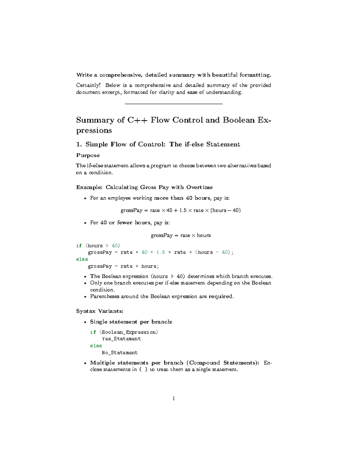 Lecture 1 - C++ Flow Control & Boolean Expressions Summary - Studocu