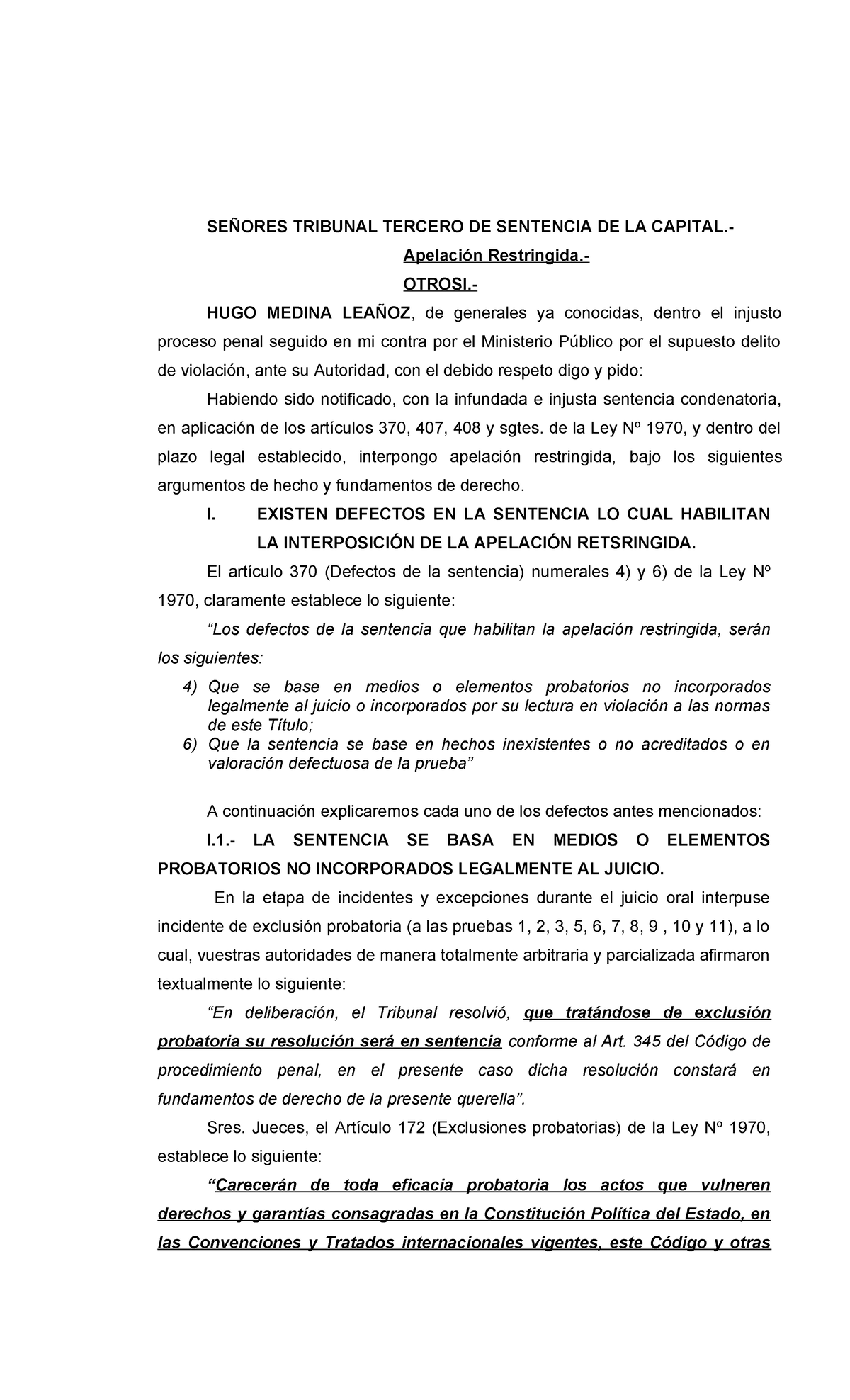 Modelo de Memorial de Apelación Restringida - Proceso Penal - Studocu