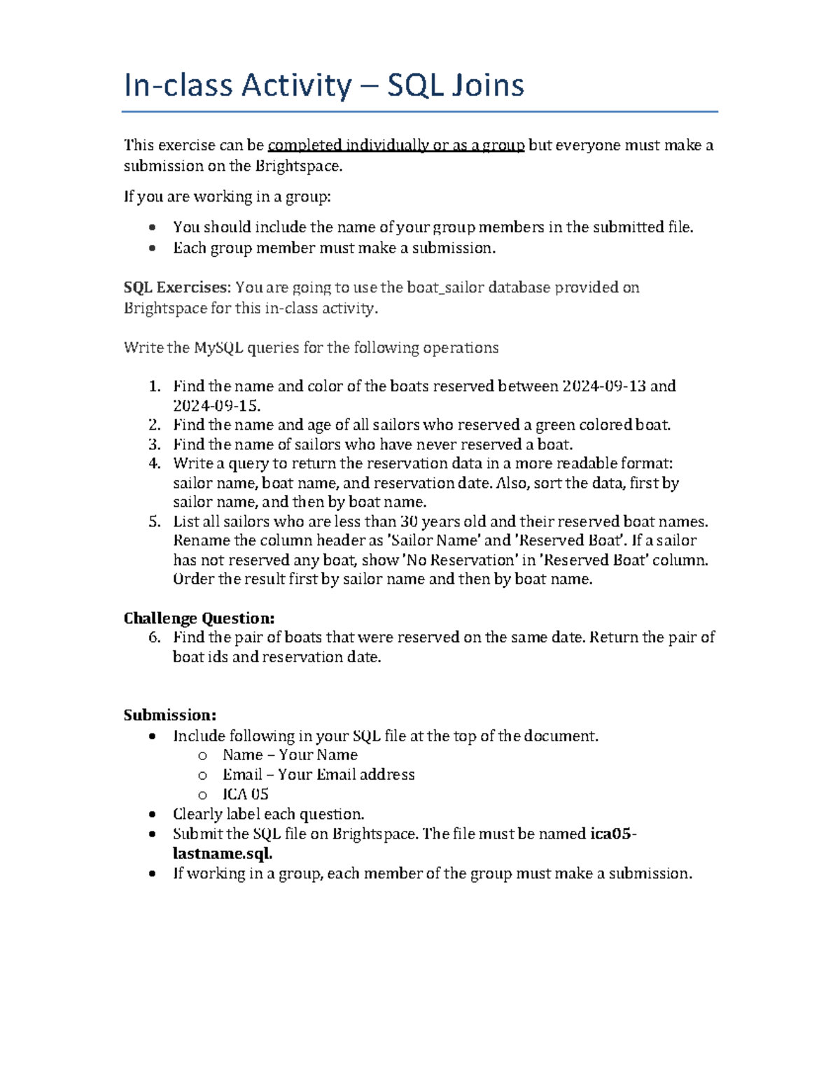 In-class SQL Join - assigned reading - In-class Activity – SQL Joins This exercise can be ...