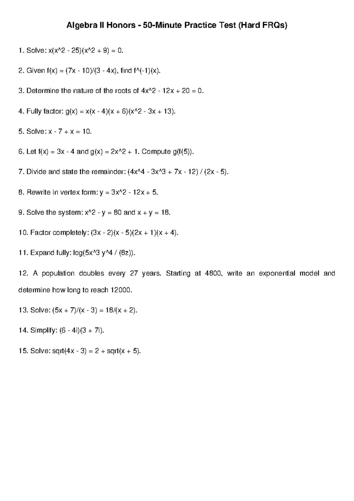 Algebra II Honors Final Exam Hard FRQs Practice Test - Studocu