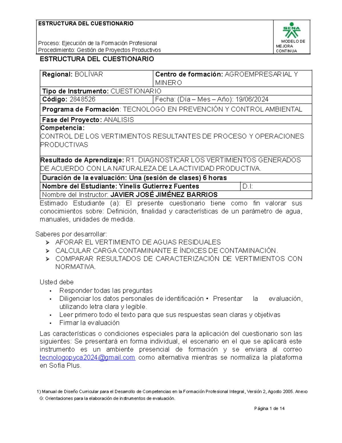 Taller Parametro Agua yinelis Listo - ESTRUCTURA DEL CUESTIONARIO ...