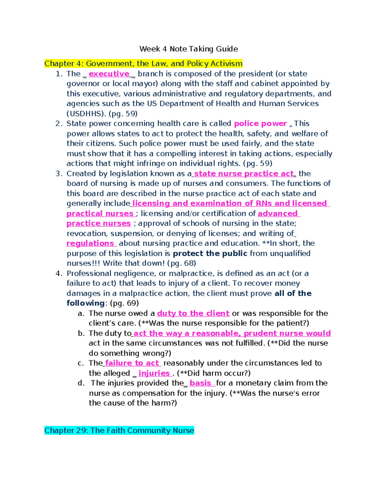 Week 4 Note Taking Guide: Ch. 4 & 29 - Gov, Law, & Faith Nursing - Studocu