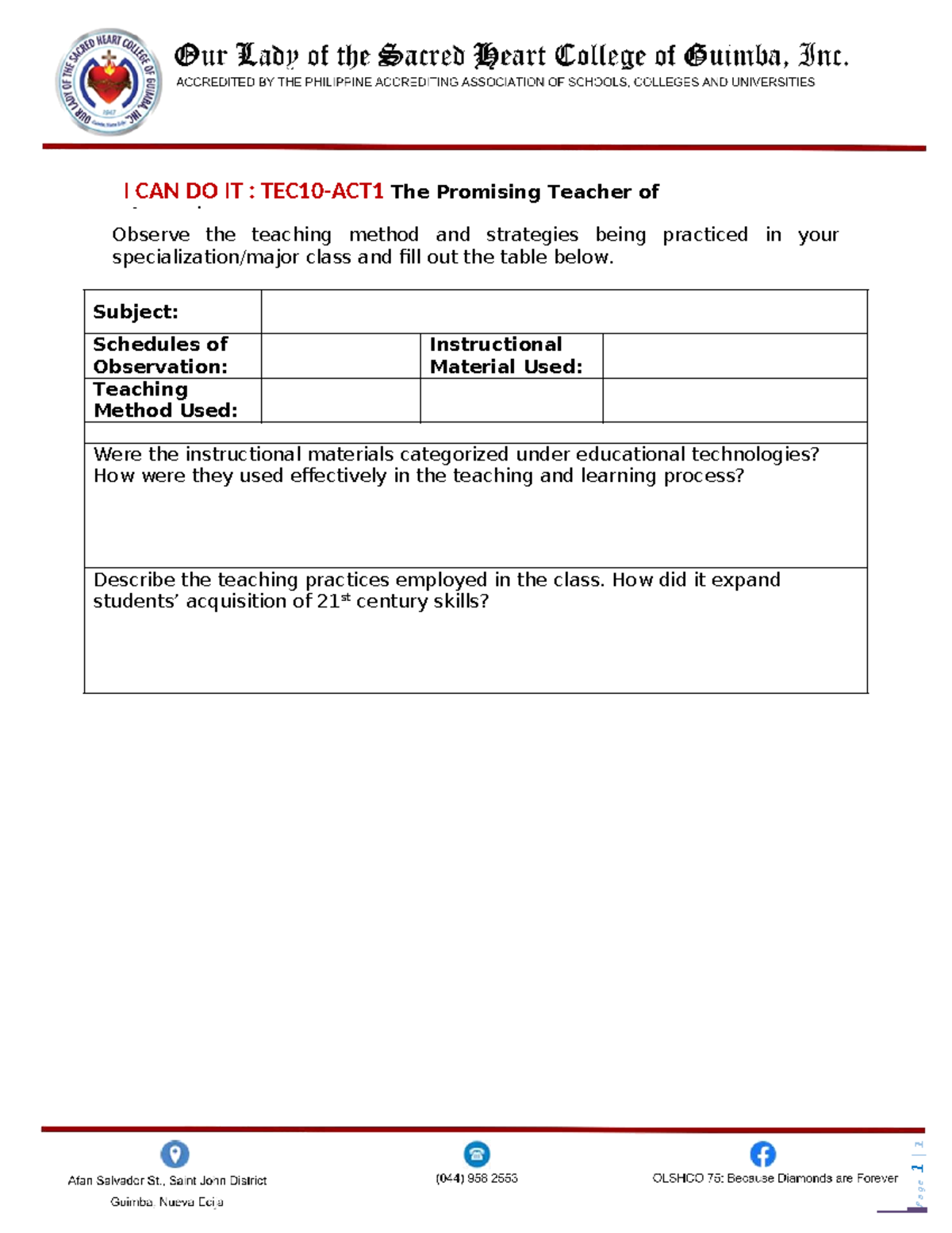 TEC10-ACT - n/a - P a g e 1 | 1 Observe the teaching method and ...