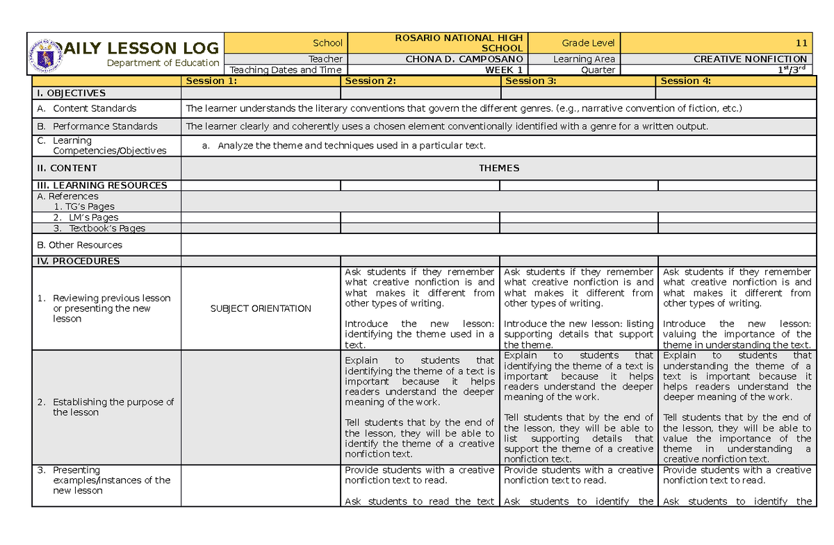 Creative Nonfiction 1 Q1 WEEK 1 Lesson Log and Activities - Studocu