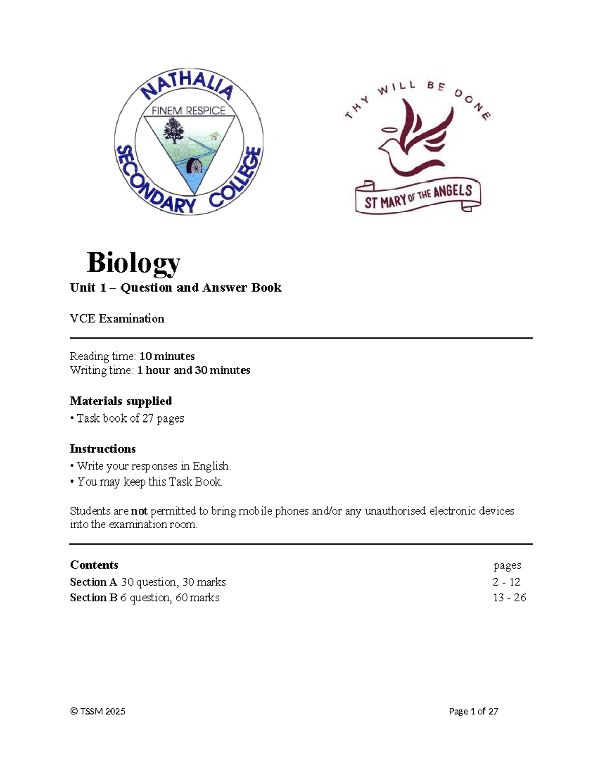 2025 VCE Biology Unit 1 Exam: Questions & Answers Guide - Studocu