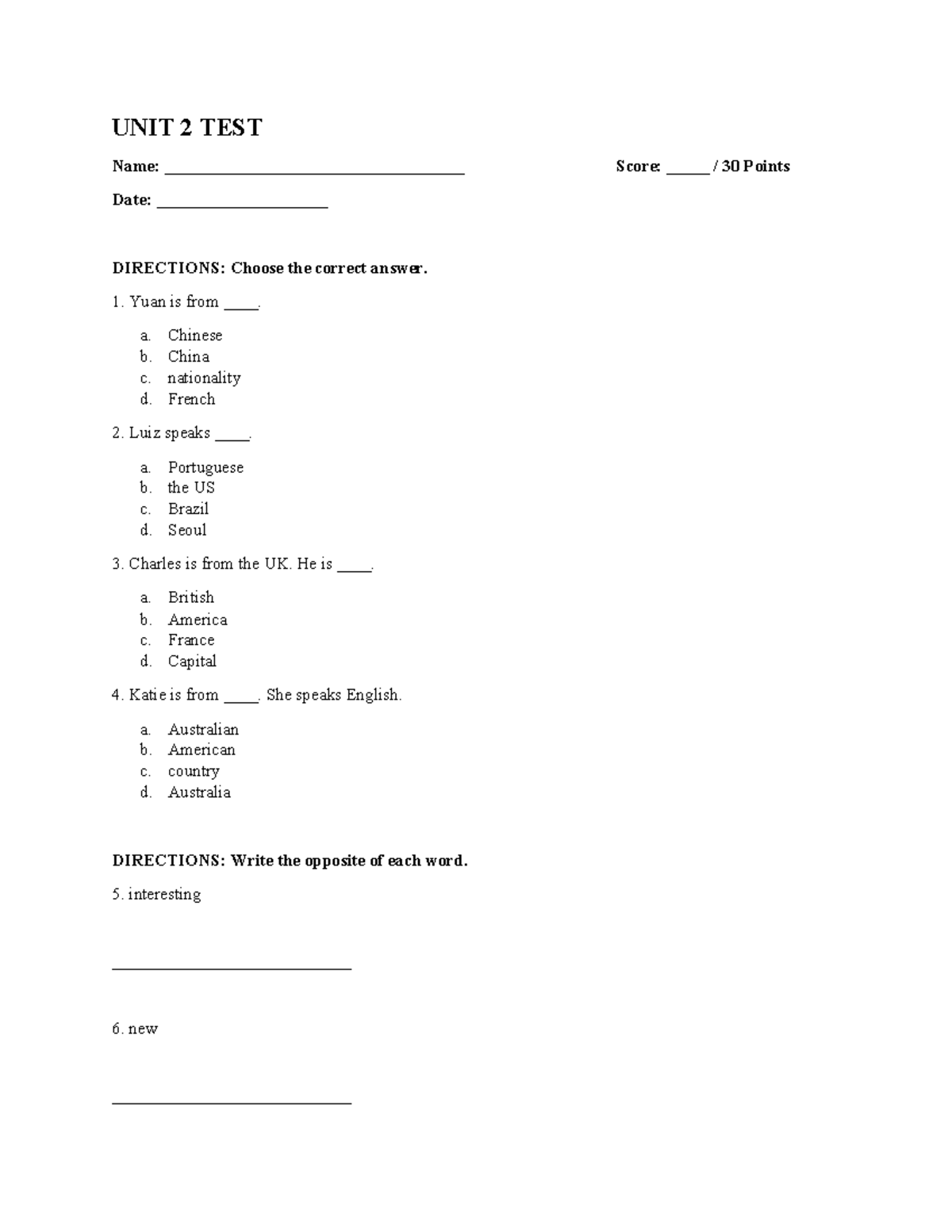 WL4e Intro Unit 2 Test - Multiple Choice & Short Answers - Studocu