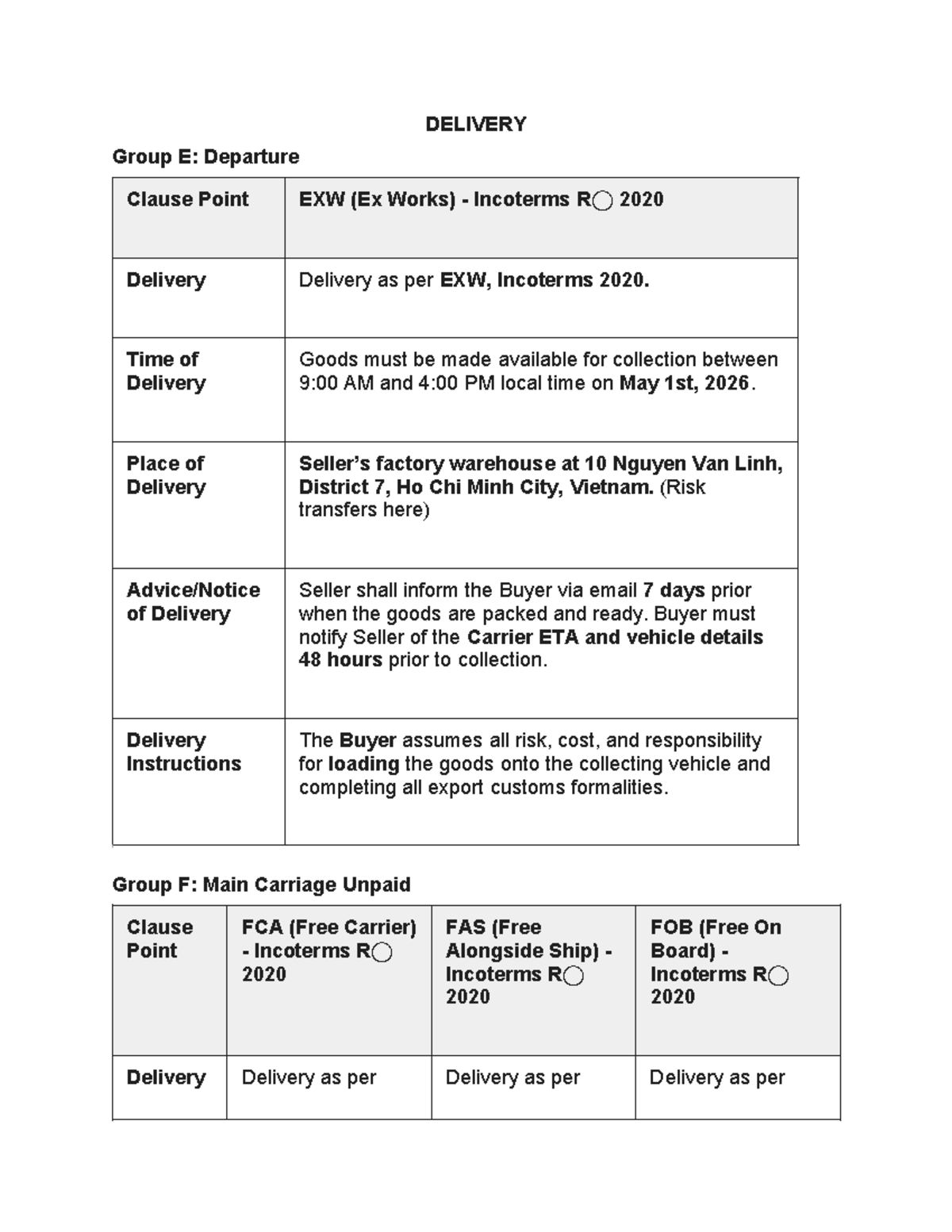 DELIVERY Group E & F: Incoterms 2020 Overview and Instructions - Studocu