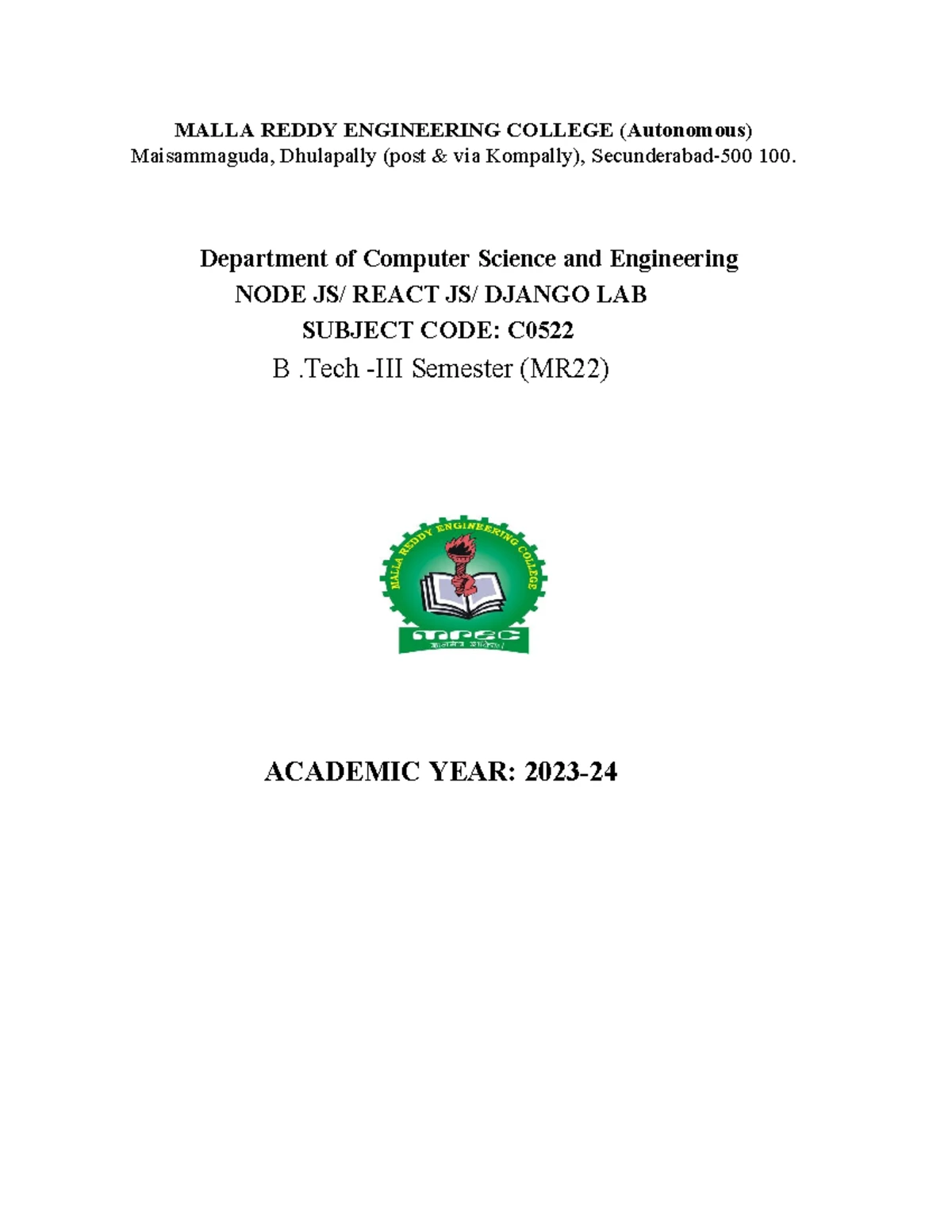 NODE JS React JS Django LAB - MALLA REDDY ENGINEERING COLLEGE ... NODE JS React JS Django LAB - MALLA REDDY ENGINEERING COLLEGE ...