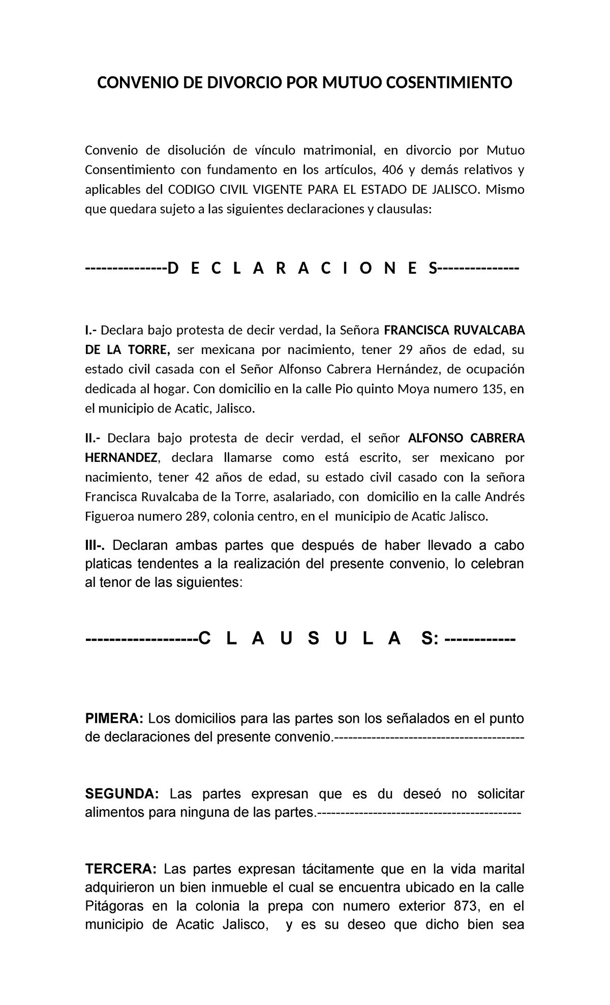 Convenio de Divorcio por Mutuo Consentimiento en Jalisco - Studocu