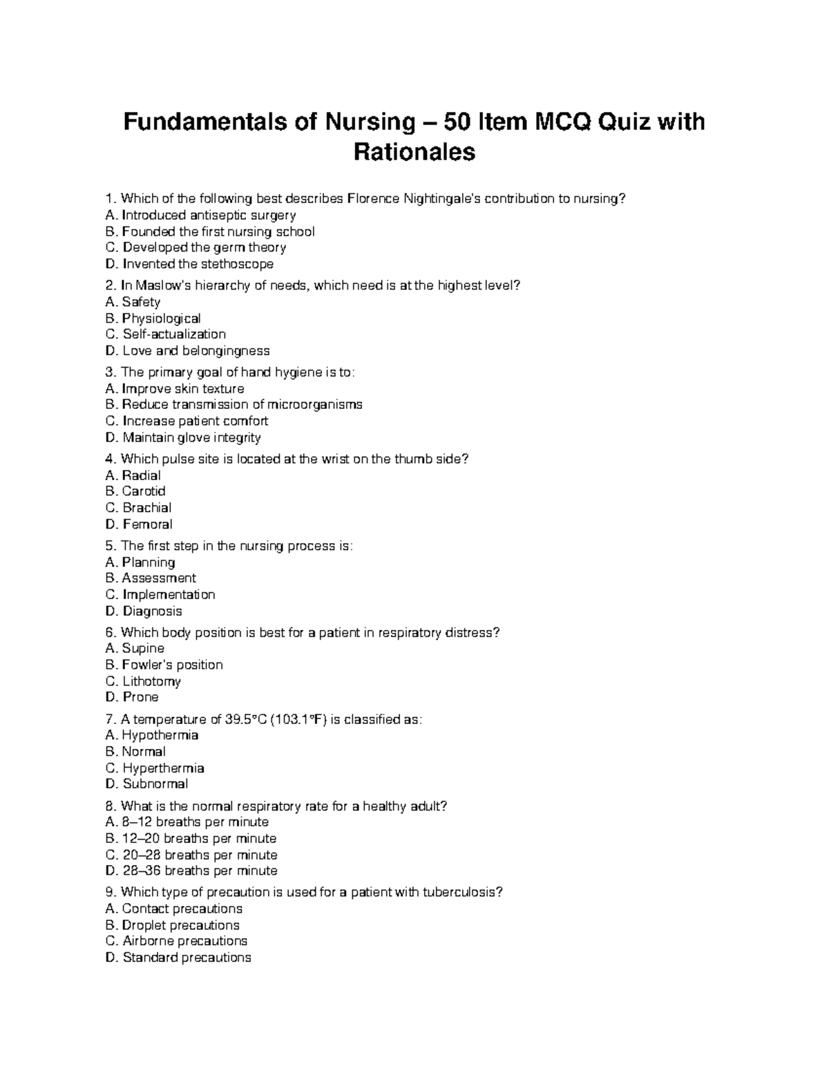 Fundamentals of Nursing 50-Item MCQ Quiz with Rationales - Studocu