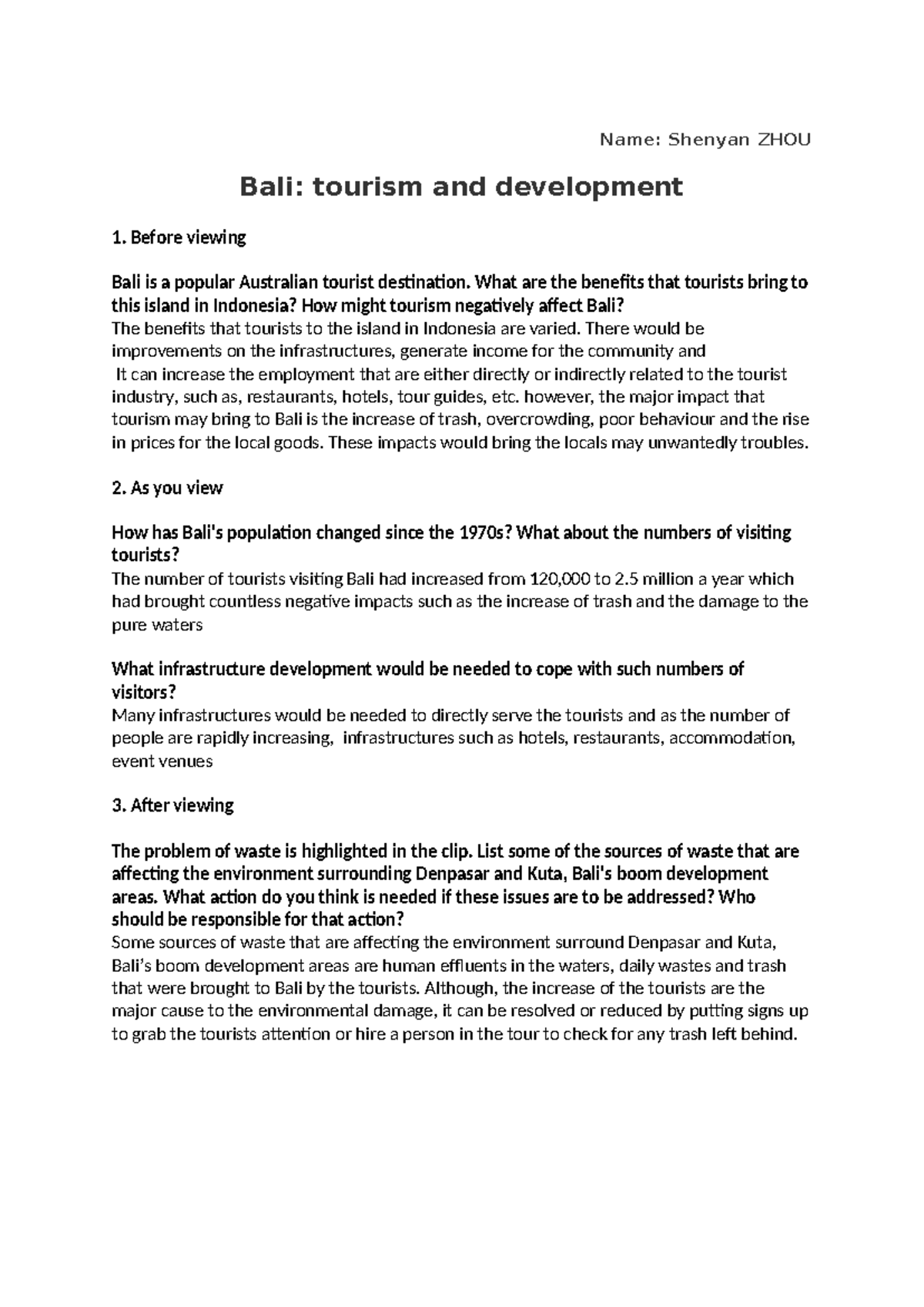 Bali Tourism & Development: Impacts & Solutions Worksheet - Studocu
