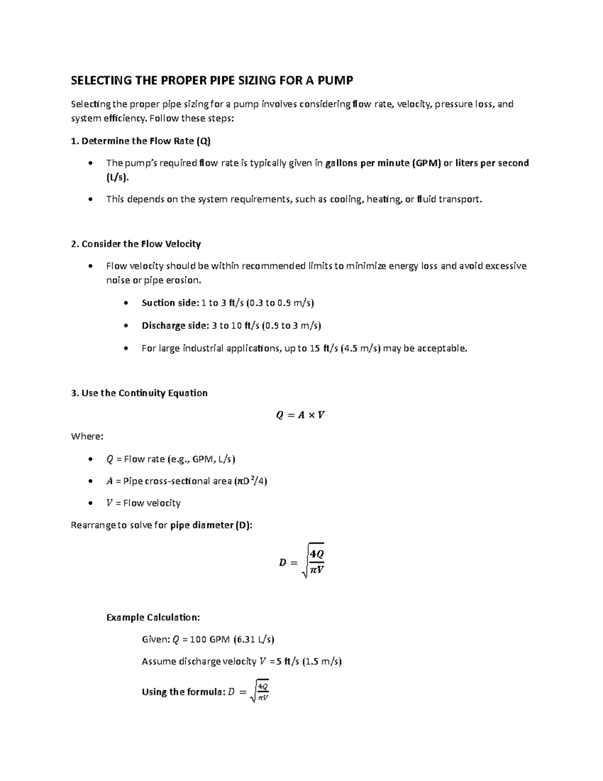 Selecting THE Proper PIPE Sizing FOR A PUMP - SELECTING THE PROPER PIPE ...
