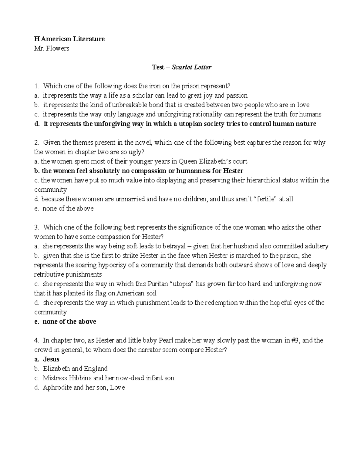 22- Scarlet Letter - Test 2 - Answers for American Literature - Studocu