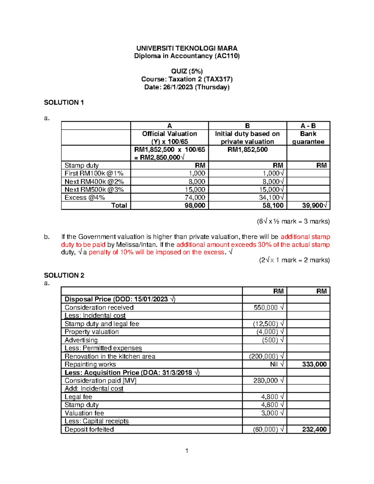 TAX317 QUIZ JAN2023 SET 1 & SET 2 Solution - 1 UNIVERSITI TEKNOLOGI MARA Diploma in Accountancy ...