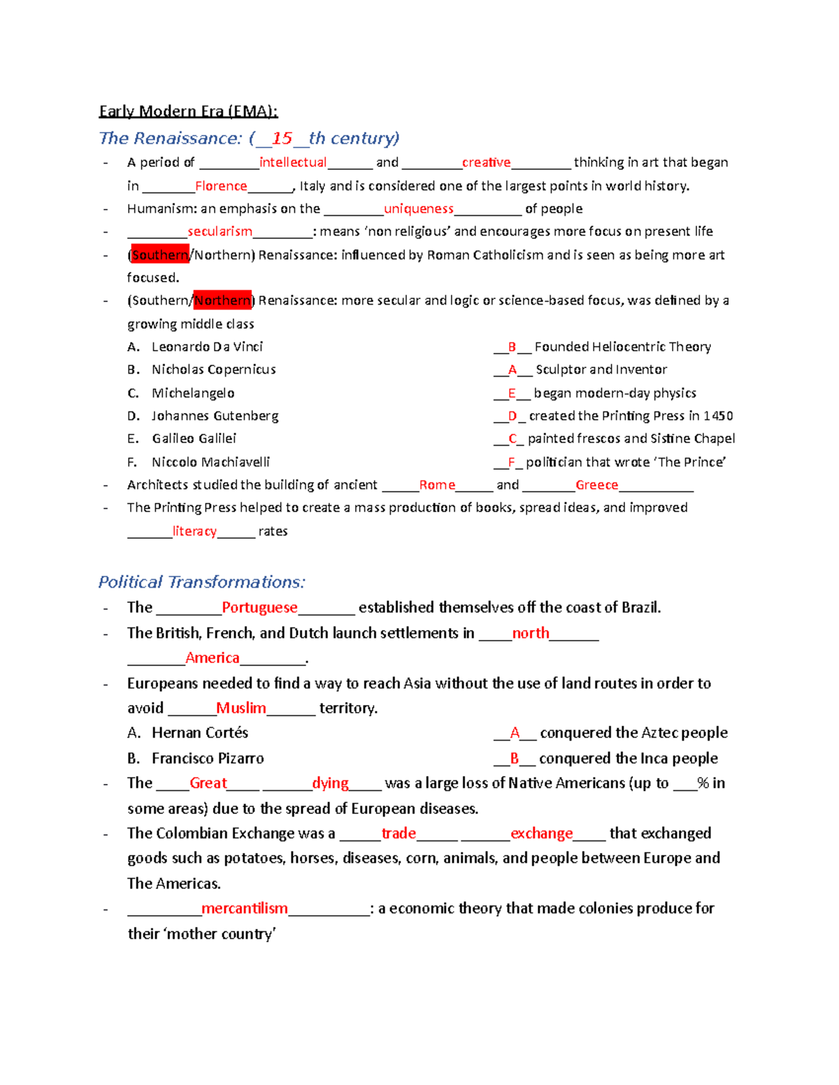 EMA: Comprehensive Study Guide on the Early Modern Era - Studocu