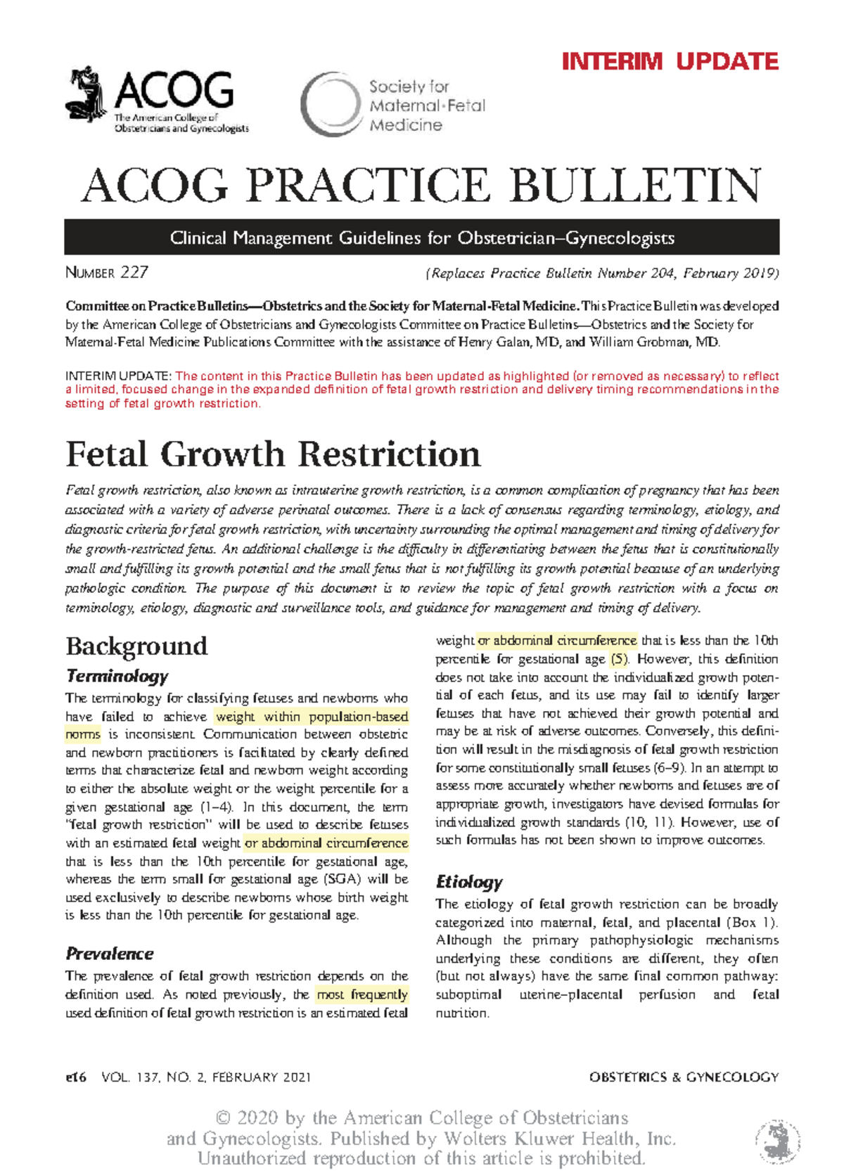 ACOG Practice Bulletin #227: Interim Update on Fetal Growth Restriction ...