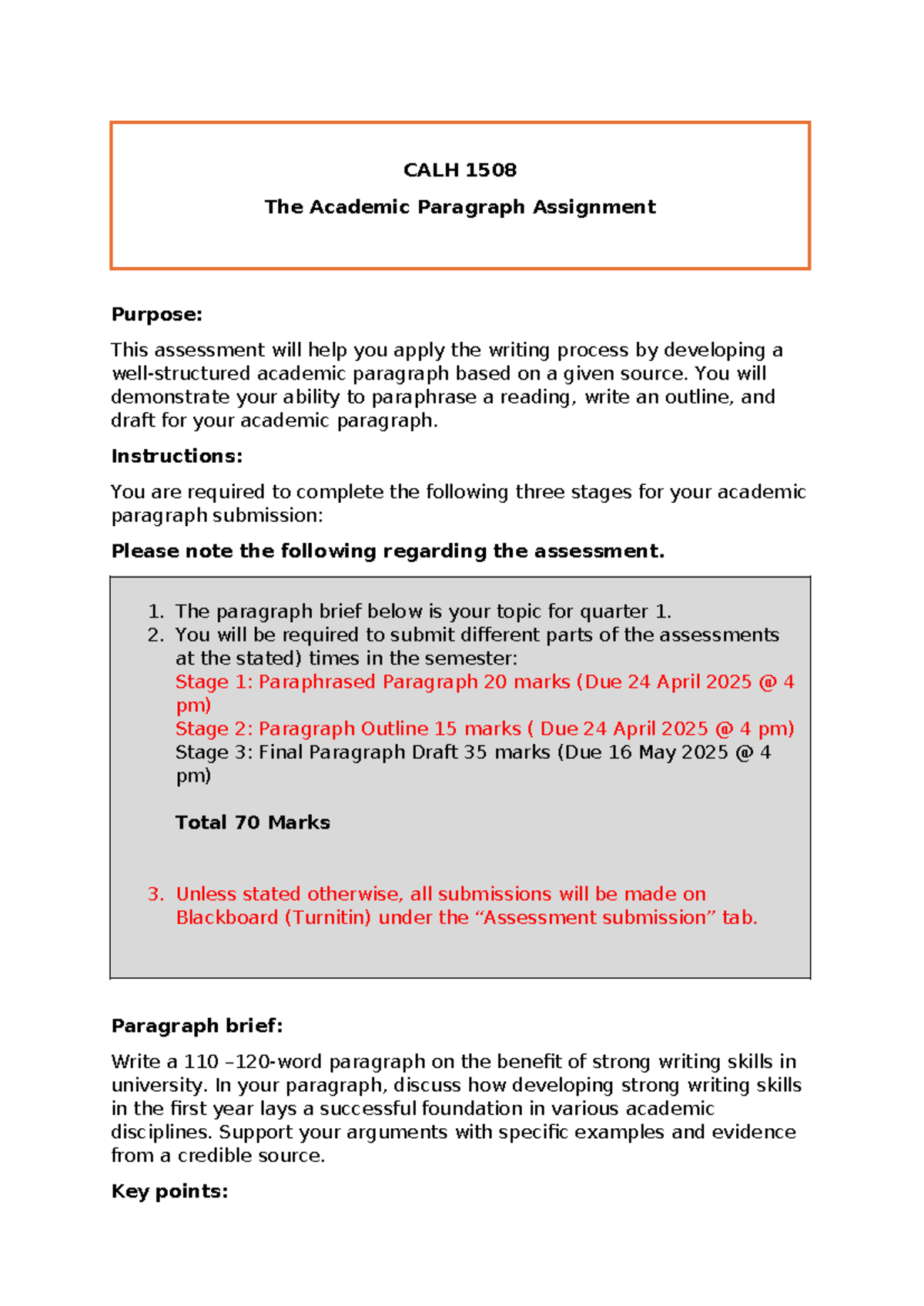 CALH 1508 Academic Paragraph Assignment: Stages 1 & 2 Guide - Studocu