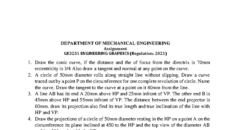 GE3251 Engineering Graphics Assignment: Conic Curves & Projections - Studocu