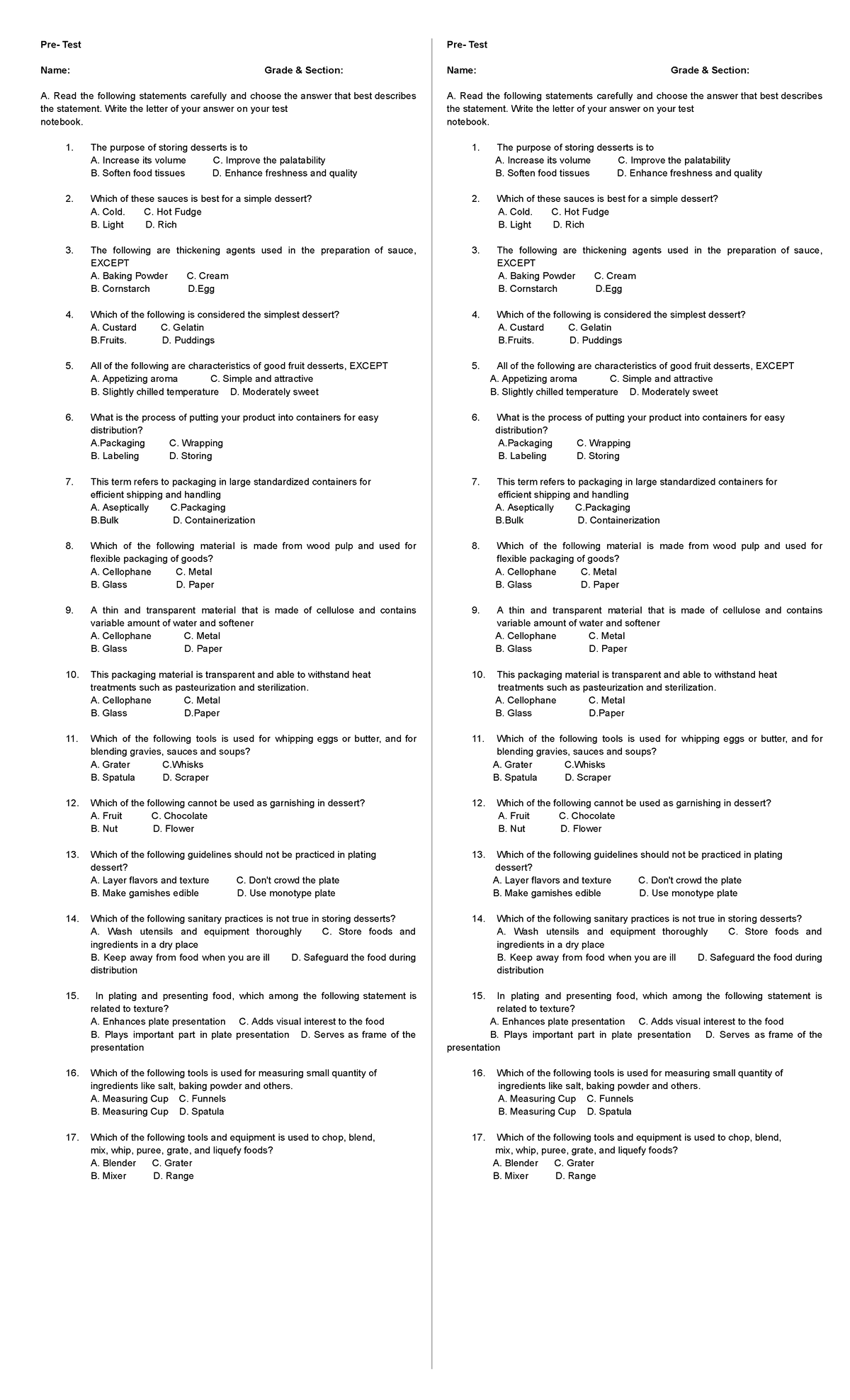 PRE TEST: Culinary Techniques and Dessert Preparation (Course Code: NA ...