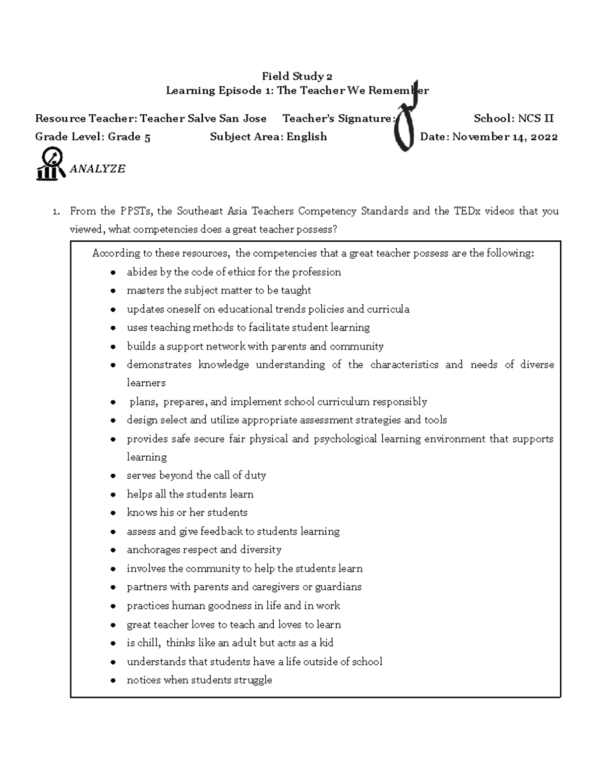 Learning Episode 1: Teacher Competencies Analysis - FS2 - Studocu