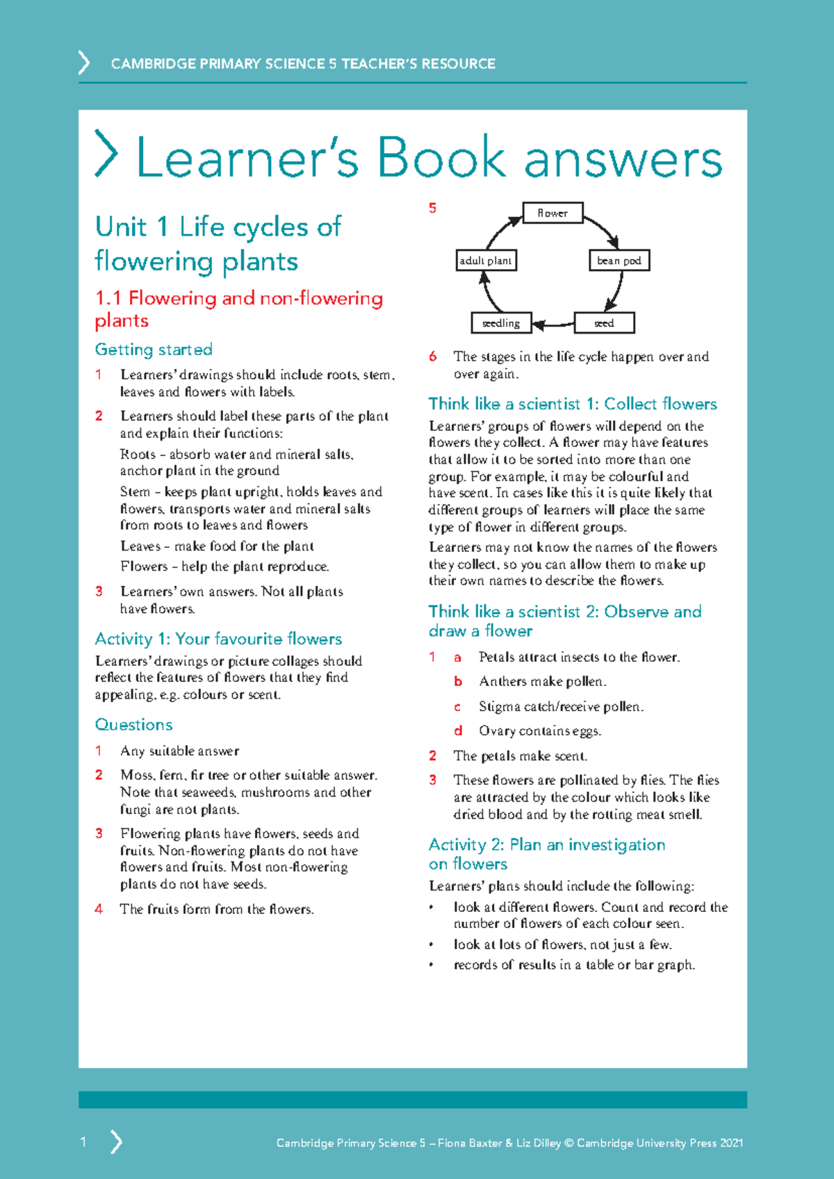 Cambridge Primary Science Book 5: Learner's Answers to Unit 1 & 3 - Studocu