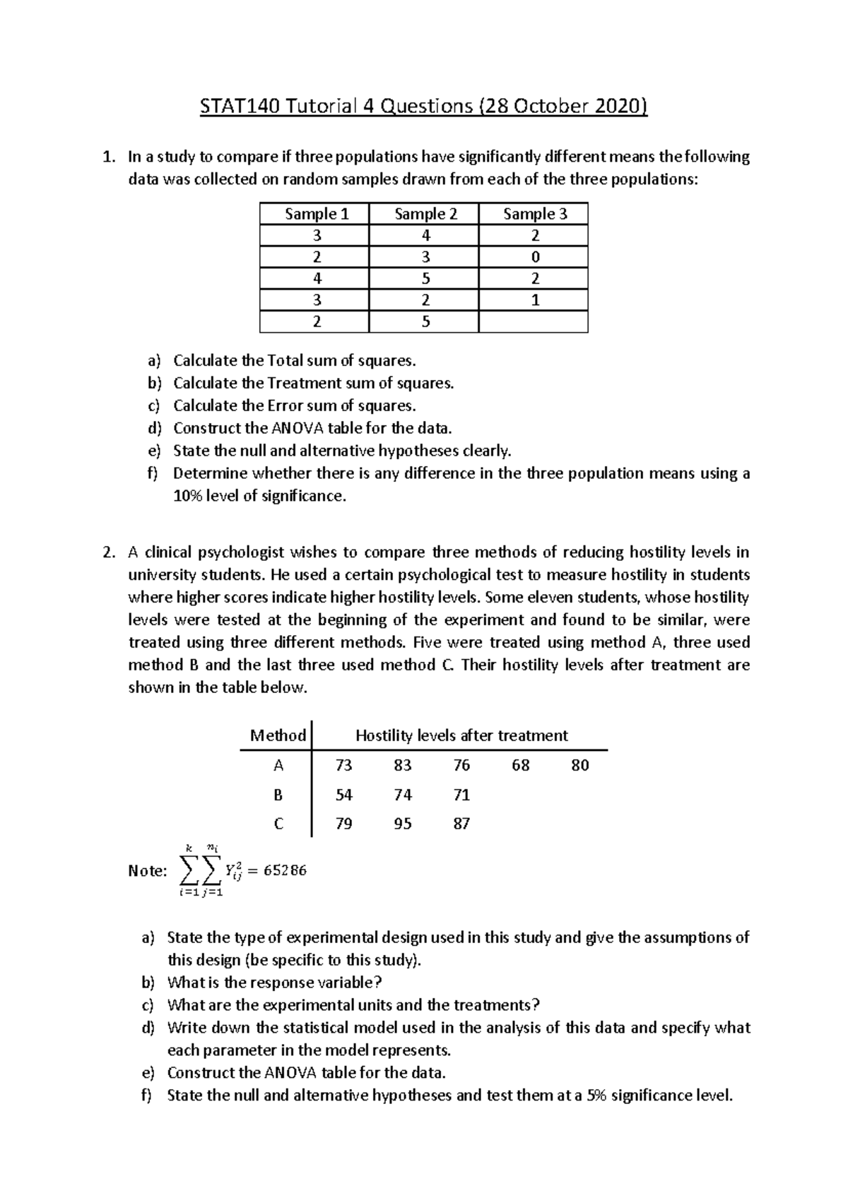 STAT140 Tutorial 4 Questions: ANOVA Analysis and Experimental Design - Studocu