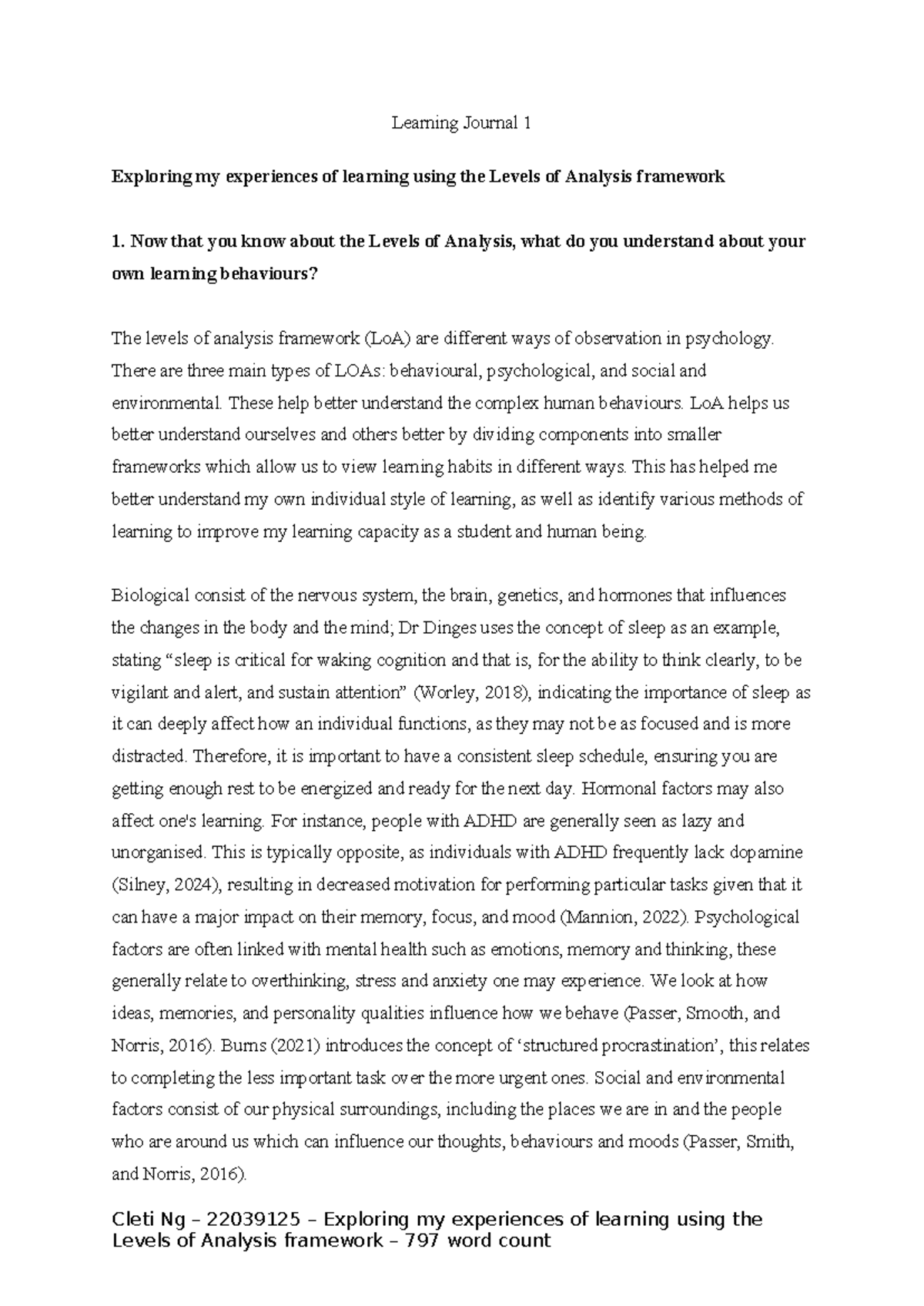 Learning Journal 1: My Learning Experiences through Levels of Analysis ...