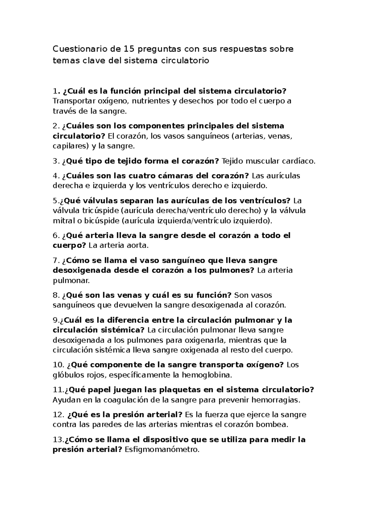 Cuestionario del Sistema Circulatorio - Preguntas y Respuestas - Studocu