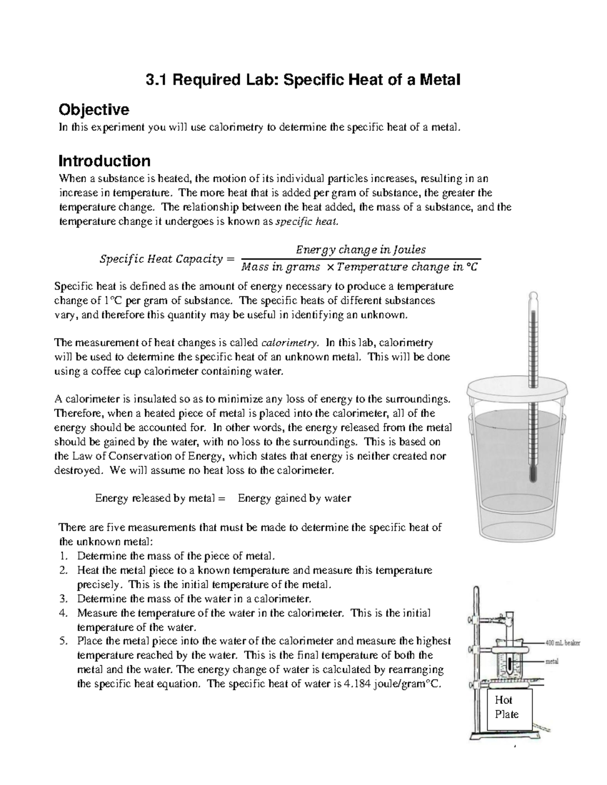 Calorimetry Lab: Determining Specific Heat of Unknown Metal (3.1) - Studocu