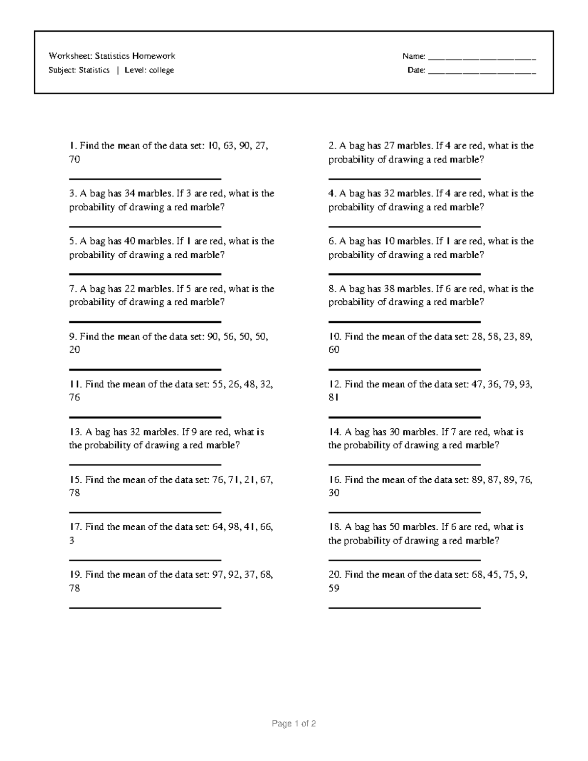 Statistics Homework 6: Mean & Probability Problems - Studocu