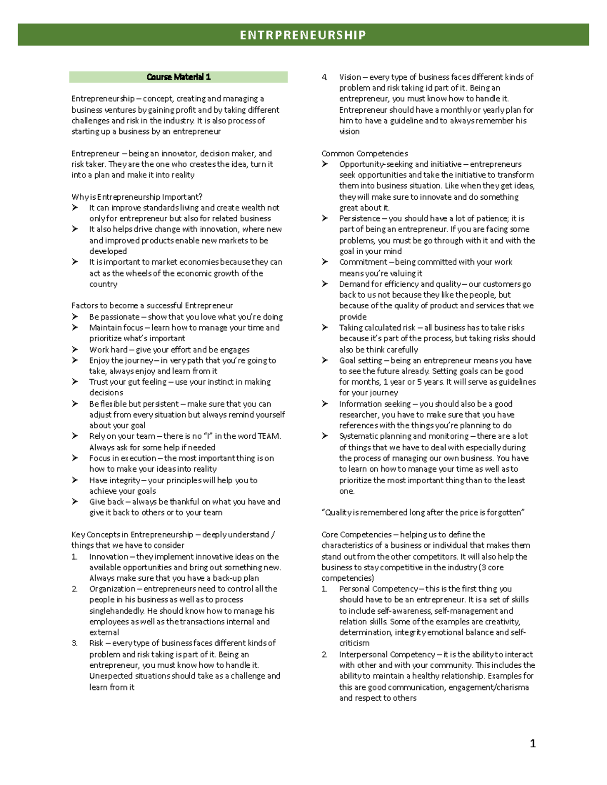 ENTREP 101: Comprehensive Entrepreneurship Reviewer & Guide - Studocu