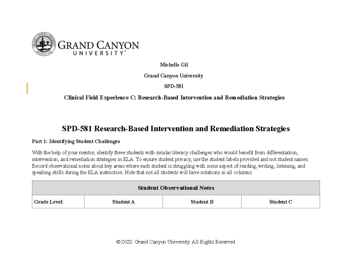 SPD-581 Clinical Field Experience C: Intervention & Remediation ...