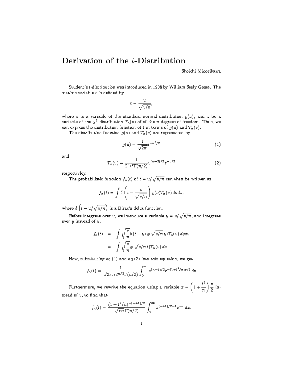 Statistical Analysis of t-Distribution: Insights from Goset's Work ...