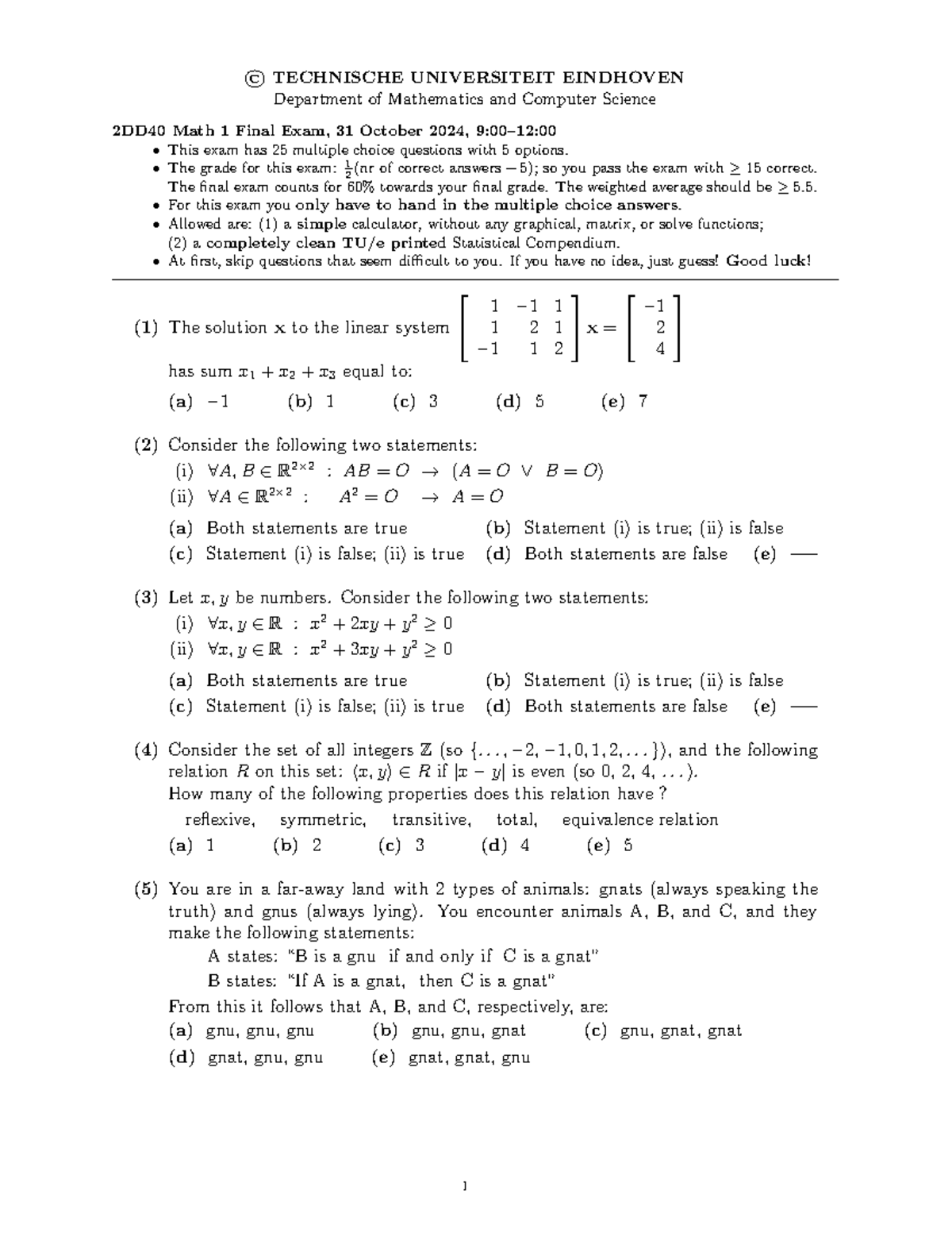 2DD40 Math 1 Final Exam Mock Exam, 31 October 2024 - Studocu
