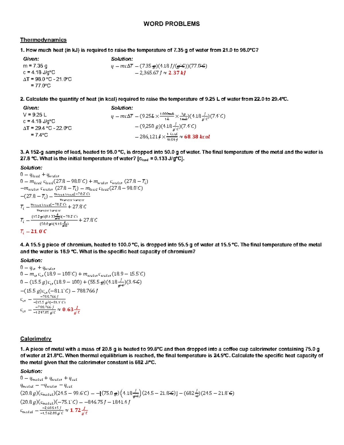 Thermodynamics and Calorimetry Energy Problem Solutions (CHEM101) - Studocu