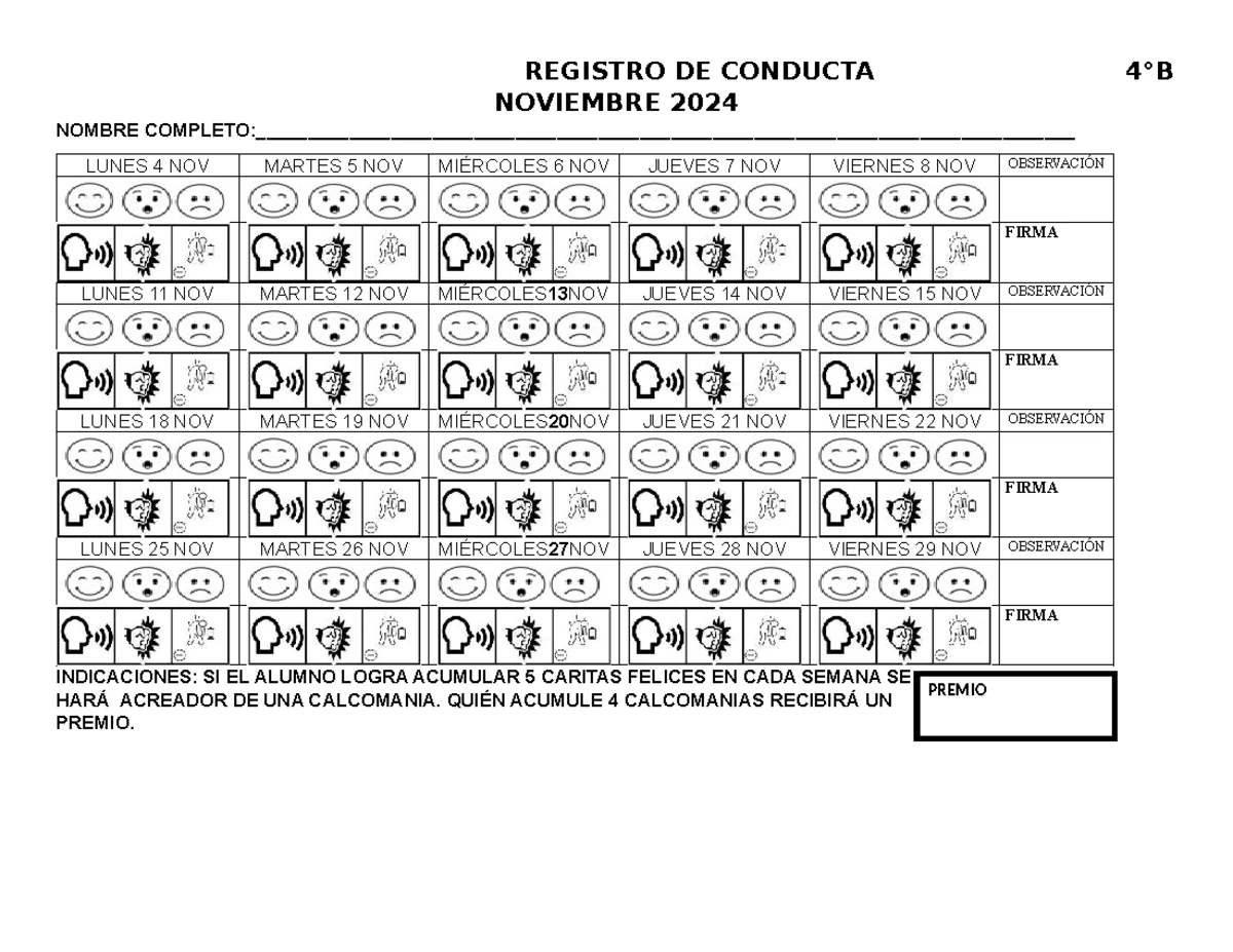 Registro DE Conducta Octubre - REGISTRO DE CONDUCTA 4°B OCTUBRE 2024 ...