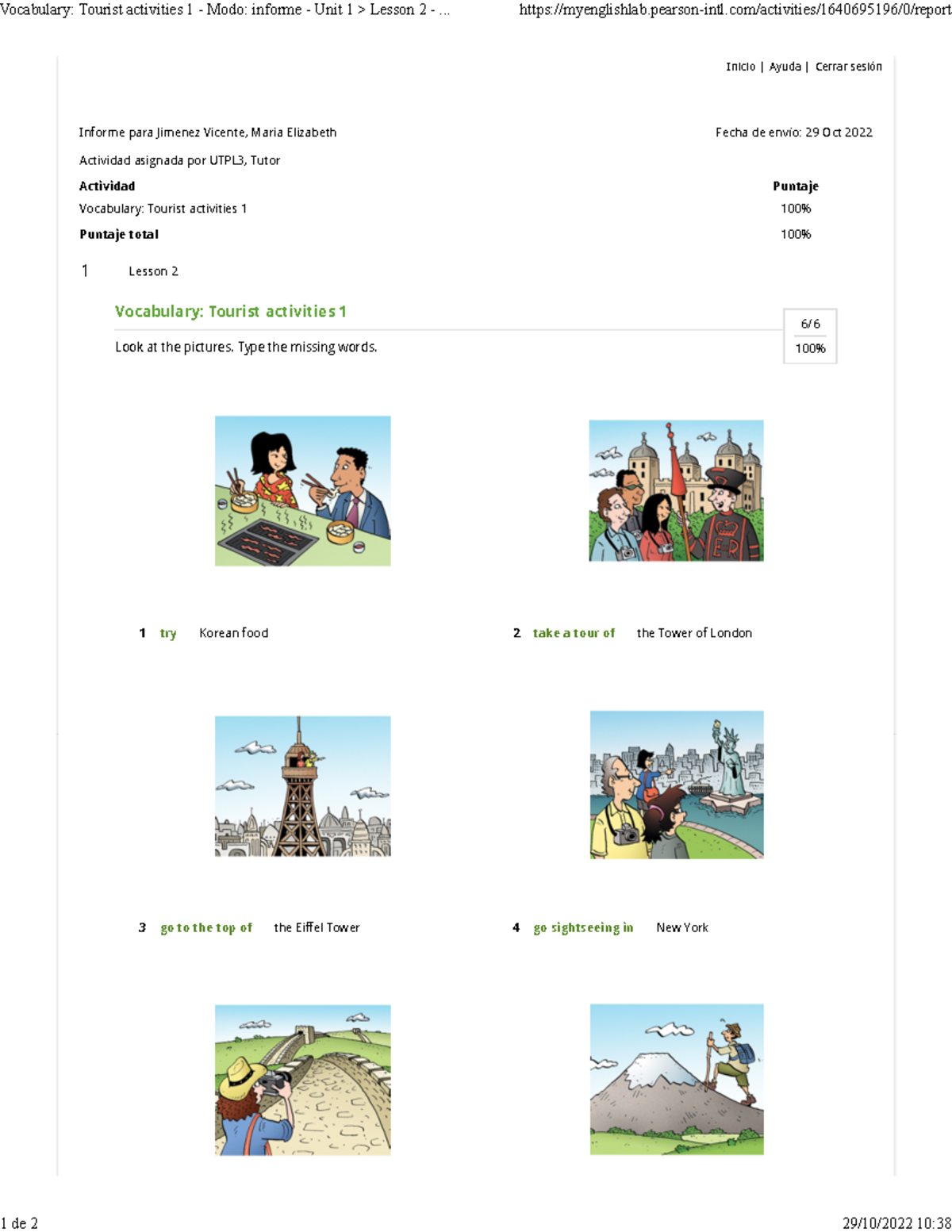 Vocabulary Tourist activities 1 - Modo informe - Unit 1 Lesson 2 ...