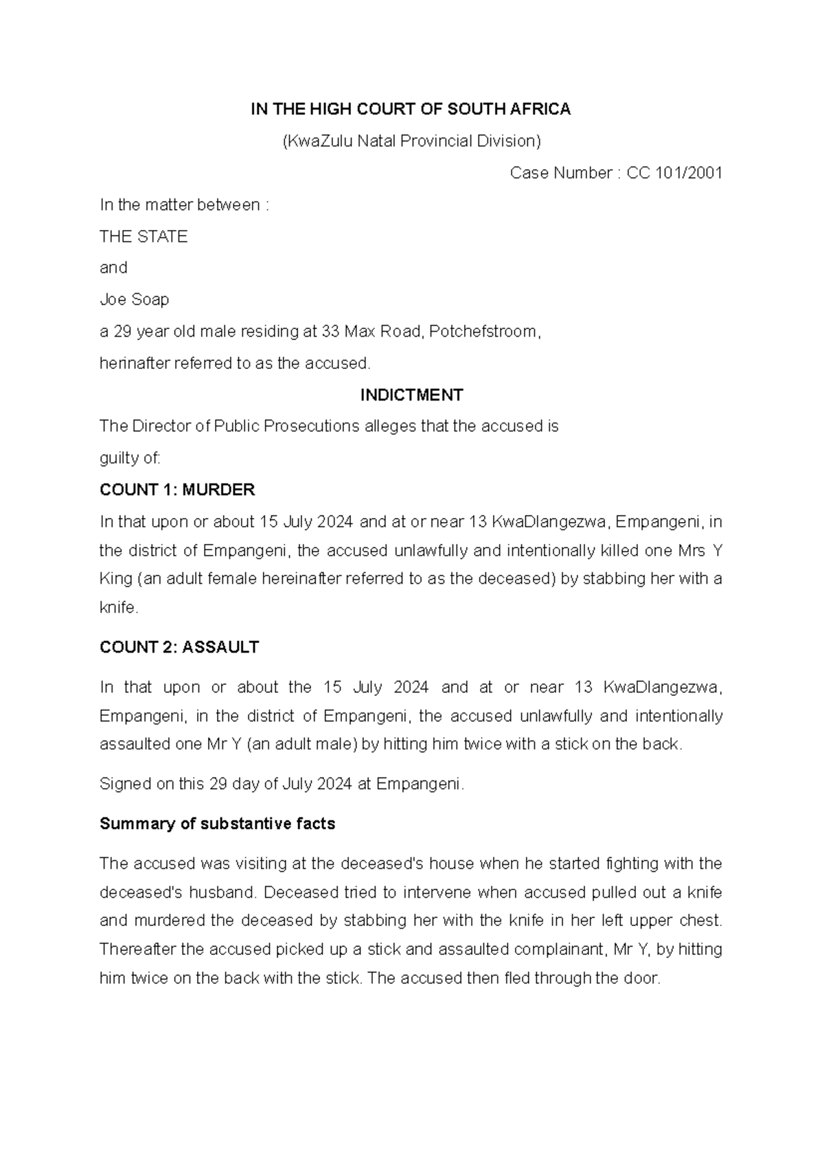 Indictment Example: The State vs. Joe Soap (Murder & Assault) - Studocu