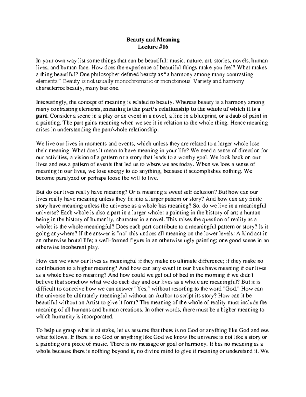 Beauty and Meaning: Lecture #16 on the Interconnection with God ...
