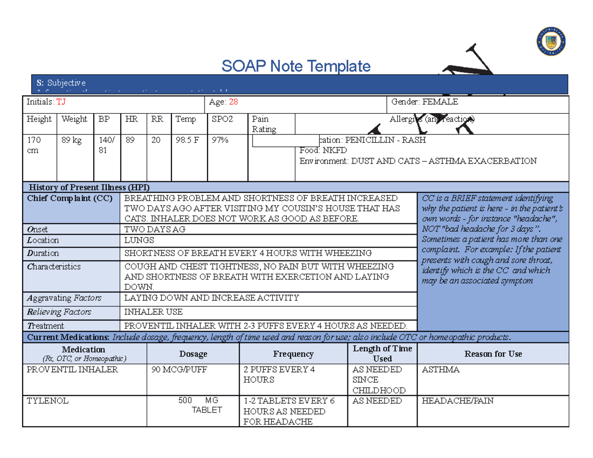 SOAP Note Template for Patient Assessment and Diagnosis - Studocu