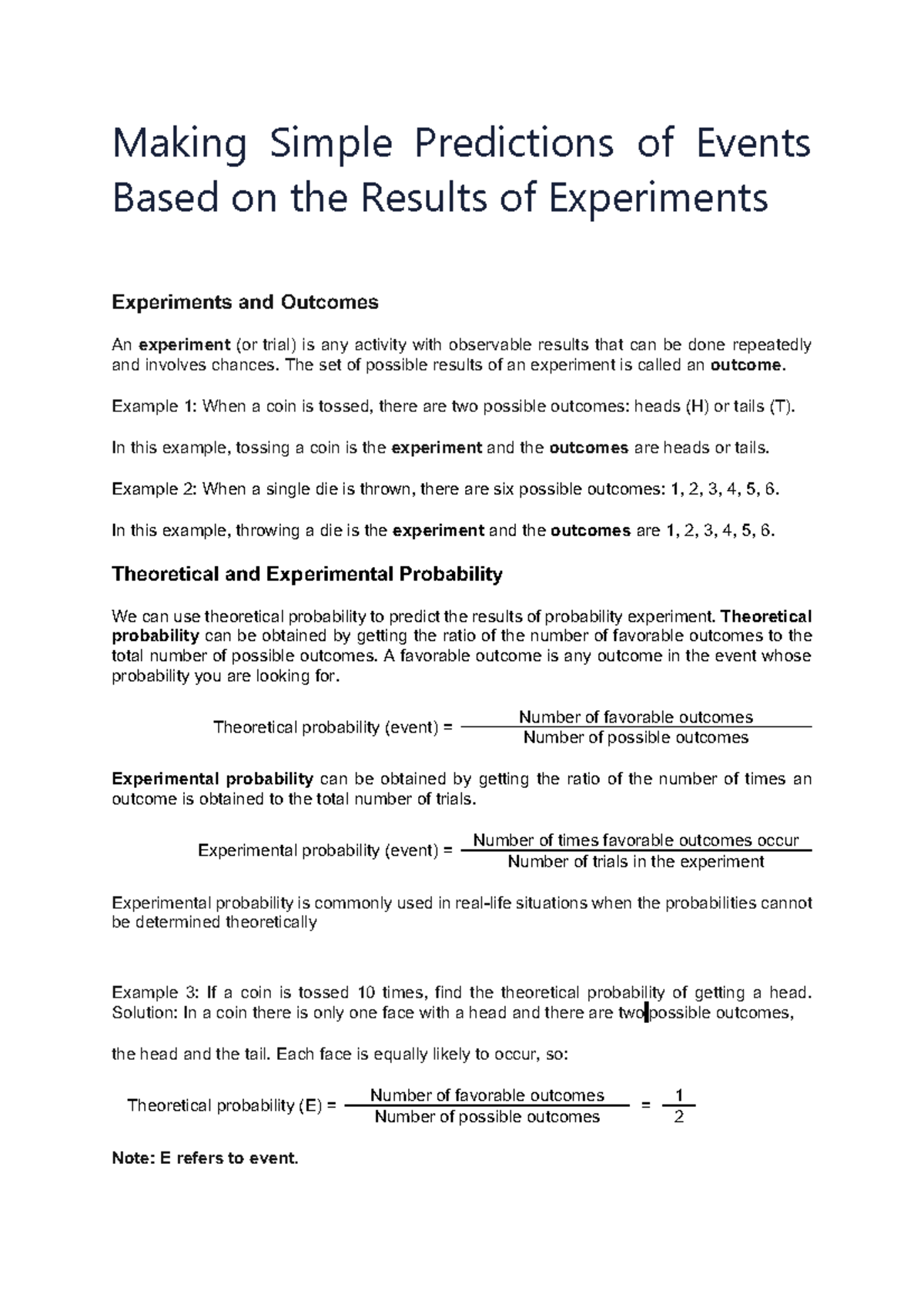 MATH 6 - Understanding Experimental Probability and Predictions in ...