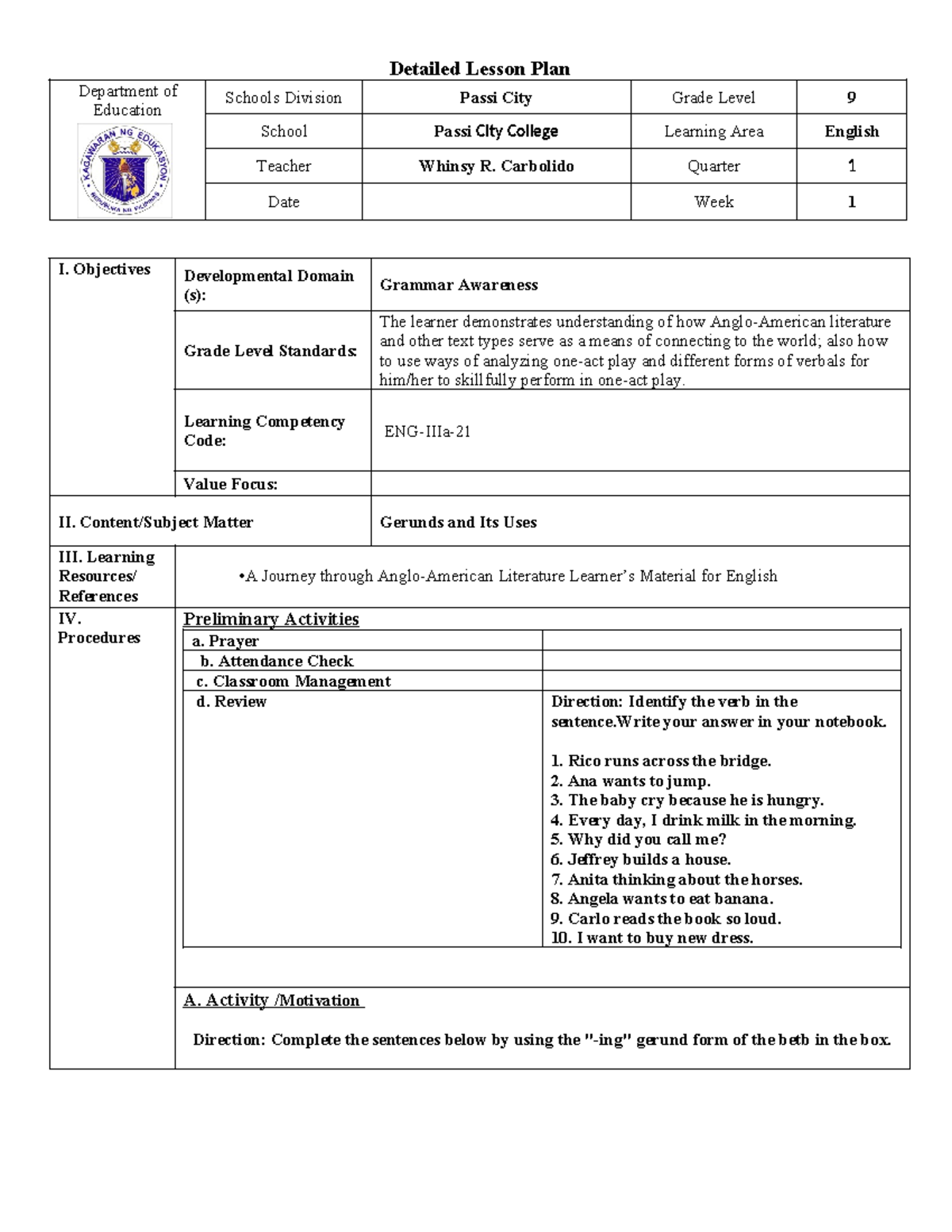 DLP English 9: Grammar Awareness Lesson Plan by Whinsy R. Carbolido ...