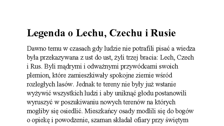 Legenda o Lechu, Czechu i Rusie - Historia Początków Polski - Studocu