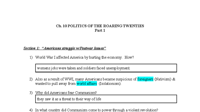 Ch. 10 POLITICS OF THE ROARING TWENTIES: Key Concepts & Notes - Studocu