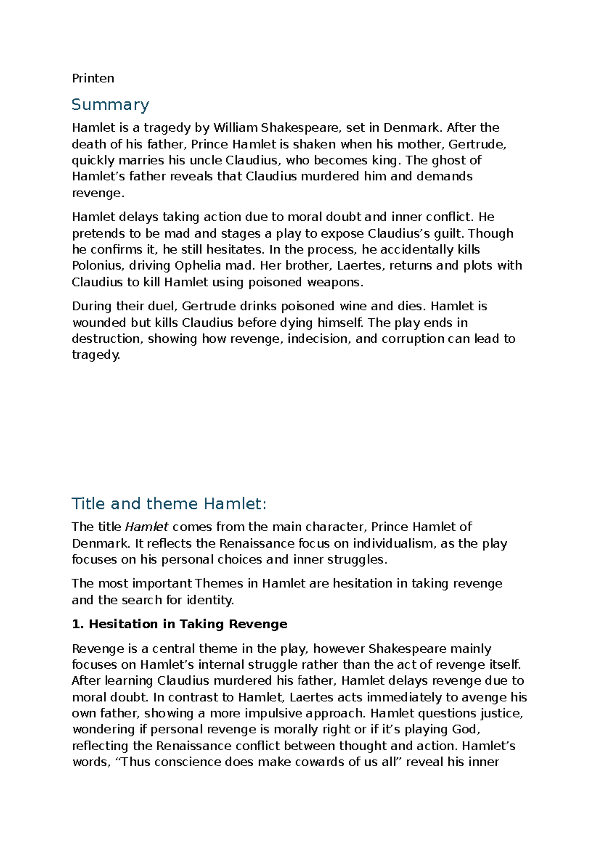ENG 101: Hamlet Tragedy Summary and Themes Analysis - Studeersnel