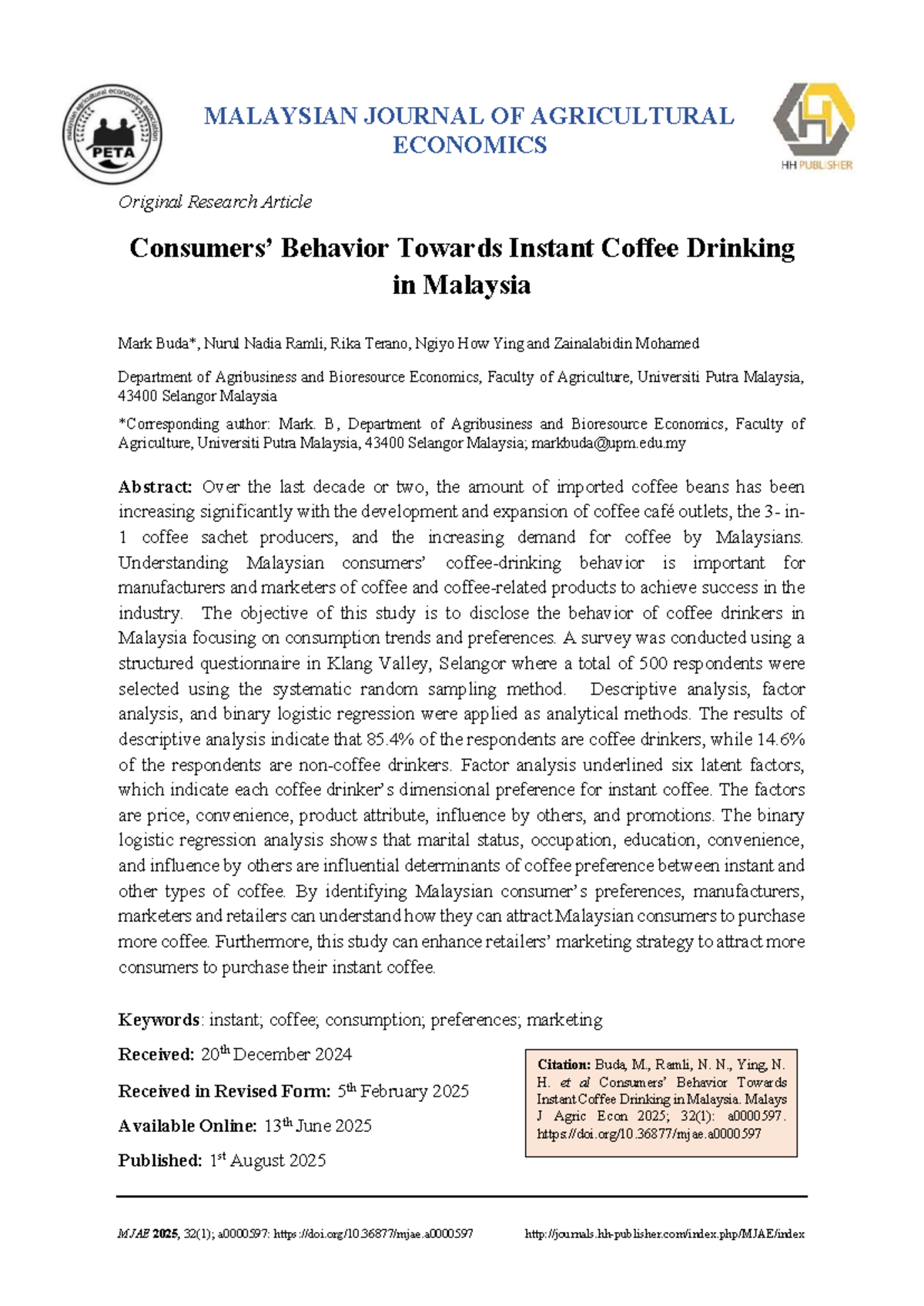 MJAE 2025: Consumer Behavior Towards Instant Coffee in Malaysia - Studocu
